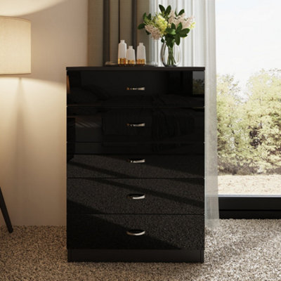 FWStyle 5 Drawer Chest Of Drawers Black Gloss Bedroom Furniture