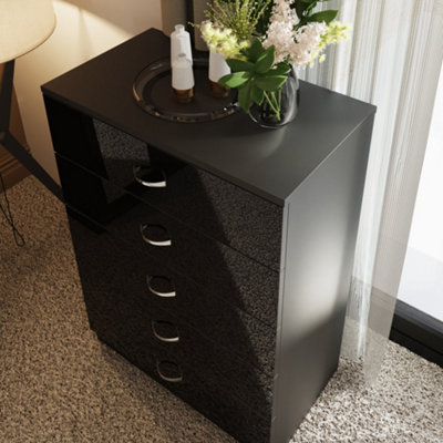 FWStyle 5 Drawer Chest Of Drawers Black Gloss Bedroom Furniture