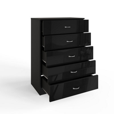 FWStyle 5 Drawer Chest Of Drawers Black Gloss Bedroom Furniture