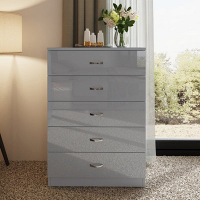FWStyle 5 Drawer Chest Of Drawers Grey Gloss Bedroom Furniture