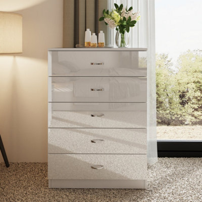 FWStyle 5 Drawer Chest Of Drawers White Gloss Bedroom Furniture