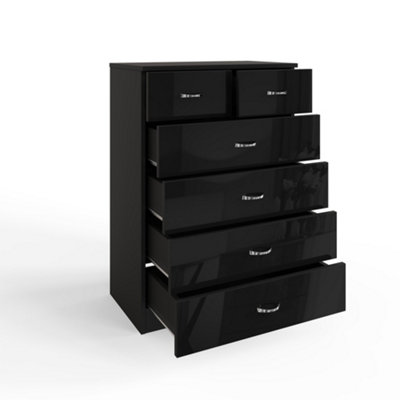 FWStyle 6 Drawer Chest Of Drawers Black Gloss 4+2 Bedroom Furniture