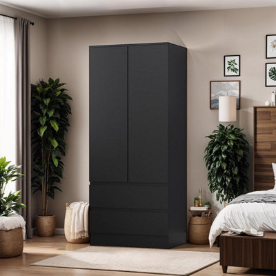 FWStyle Black 2 Door Wardrobe With 2 Drawers Scratch Resistant