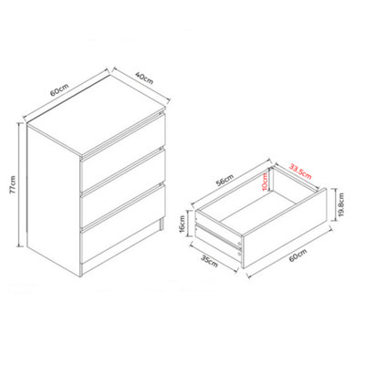 FWStyle Carlton Black 3 Drawer Chest (H) 77cm (W) 60cm (D) 40cm