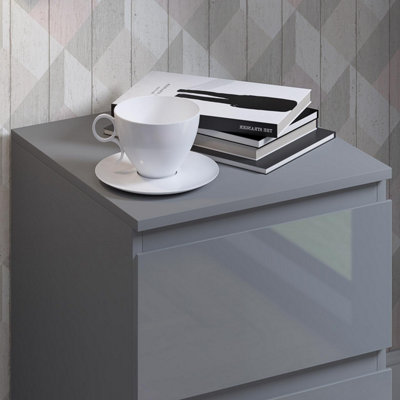 FWStyle Gloss Grey Bedside Chest Table 2 Drawer 40% Extra Storage
