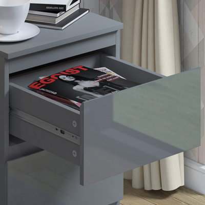 FWStyle Gloss Grey Bedside Chest Table 2 Drawer 40% Extra Storage