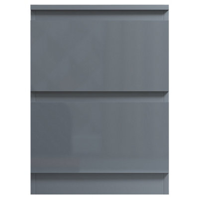 FWStyle Gloss Grey Bedside Chest Table 2 Drawer 40% Extra Storage
