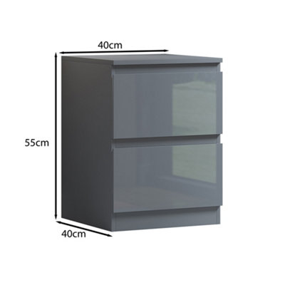 FWStyle Gloss Grey Bedside Chest Table 2 Drawer 40% Extra Storage
