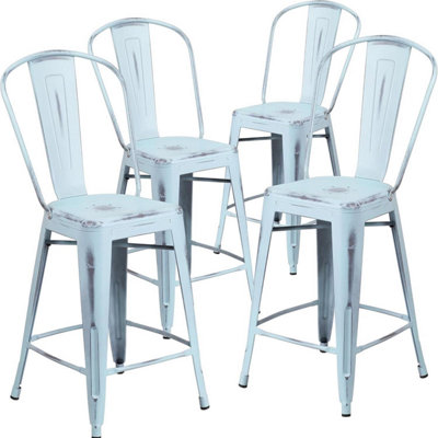 FWStyle Set Of 4 24" Baby Blue Distressed Bar Stools Galvanised Steel