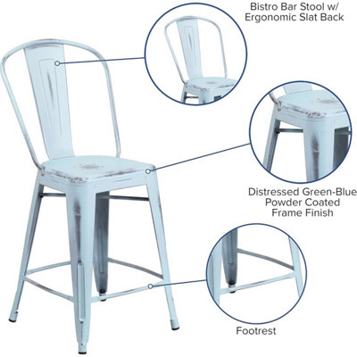 FWStyle Set Of 4 24" Baby Blue Distressed Bar Stools Galvanised Steel