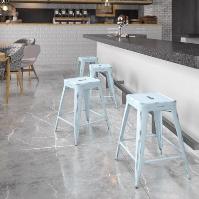 FWStyle Set Of 4 24" Baby Blue Metal Stools Galvanised Steel Distressed ...