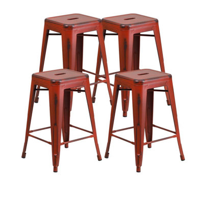 FWStyle Set Of 4 24" Red Metal Stools Galvanised Steel Distressed ...