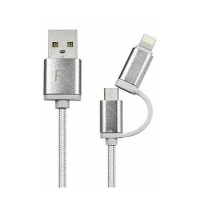 FX 2 in 1 Braided Charge & Sync Cable - 3m : Silver