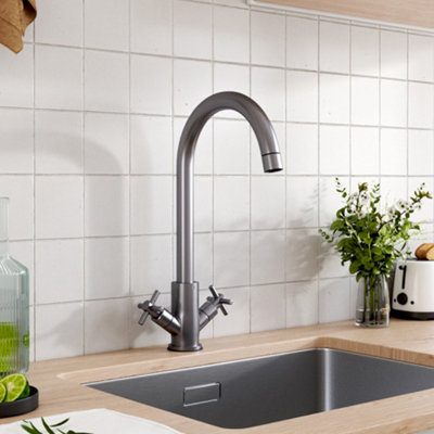 G1/2 304 STAINLESS STEEL DUAL-HANDLE KITCHEN FAUCET GREY HIGH ARC FAUCET