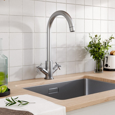 G1/2 304 Stainless Steel Dual-Handle Kitchen Faucet Nickel Brushed High ...