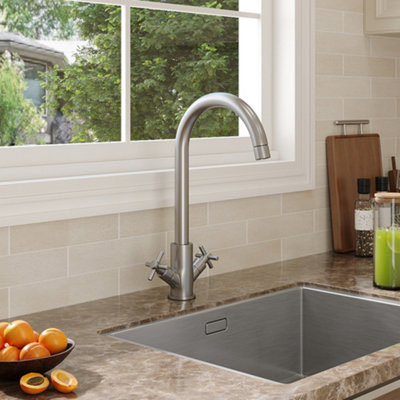 G1/2 304 Stainless Steel Dual-Handle Kitchen Faucet Nickel Brushed High ...