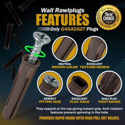 G4GADGET 50 Brown Wall plugs Screw Fixing Wall Expansion Wall Plugs ...