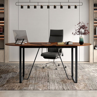 GAINOOM 180CM Brown Executive Table Oval Home Office Table w/ Metal Frame