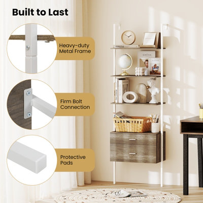 GAINOOM 184cm Tall Black Wall-Mounted Bookshelf 6-Tier Ladder Bookcase ...