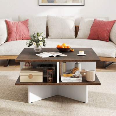GAINOOM 2-Tier Brown Square Coffee Table 60cm Living Room Center Table