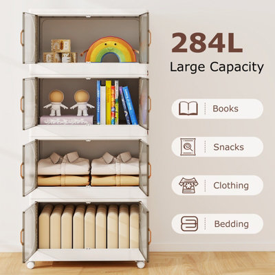 GAINOOM 284L White Folding Storage Bins 4-Tier Stackable Storage Containers