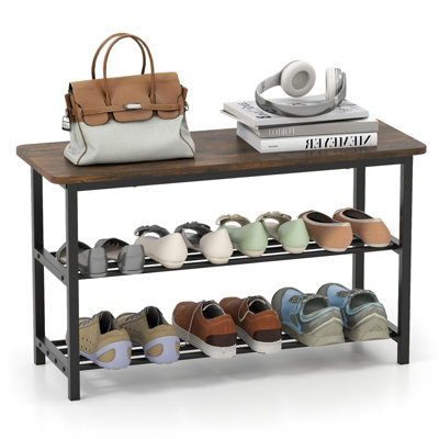 GAINOOM 3-Tier Brown Shoe Rack 80 cm Shoe Storage Bench with Metal Slat ...