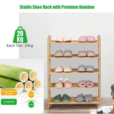 GAINOOM 5-Tier Bamboo Natural Shoe Rack Organizer Freestanding Wooden ...