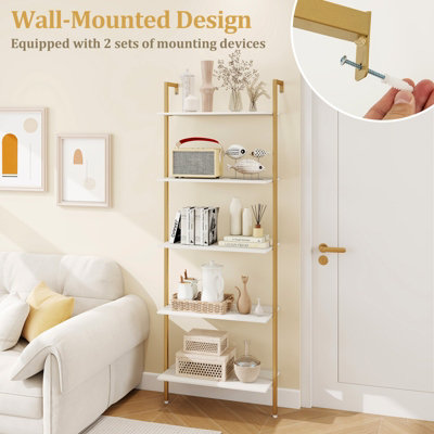 GAINOOM 5-Tier Gold Ladder Shelf Wall Mounted Bookcase with Metal Frame