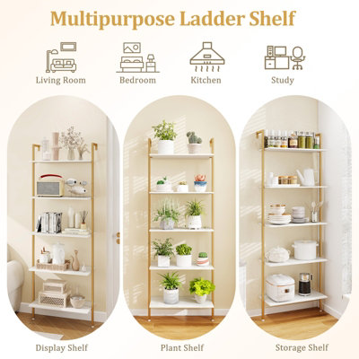GAINOOM 5-Tier Gold Ladder Shelf Wall Mounted Bookcase with Metal Frame