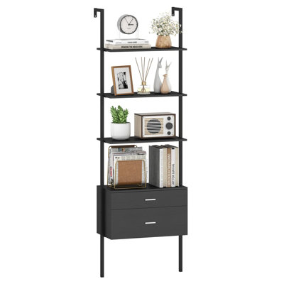 GAINOOM 6-Tier Black Ladder Bookcase 184cm Tall Wall-Mounted Bookshelf ...