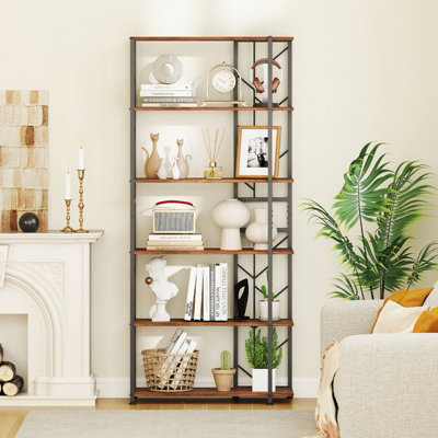 GAINOOM 6-Tier Brown Bookshelf Modern Geometric Bookcase with Heavy ...