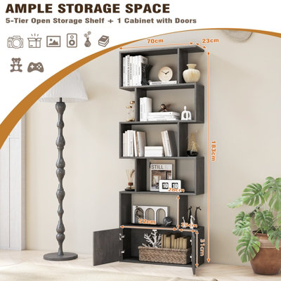 GAINOOM 6-Tier Grey Bookshelf Freestanding Tall Bookcase Shelf Storage ...