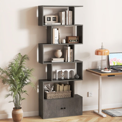 GAINOOM 6-Tier Grey Bookshelf Freestanding Tall Bookcase Shelf Storage ...