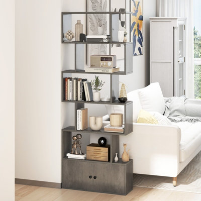 GAINOOM 6-Tier Grey Bookshelf Freestanding Tall Bookcase Shelf Storage ...