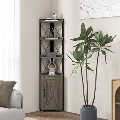 GAINOOM 6-Tier Grey Corner Bookcase Wooden Display Storage Cabinet w ...