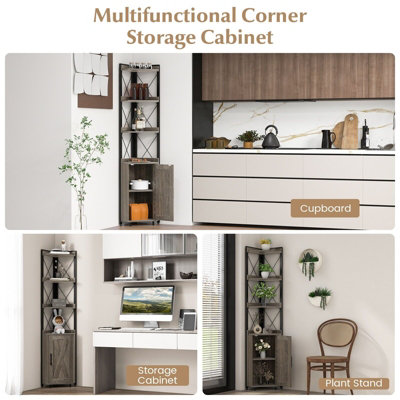 GAINOOM 6-Tier Grey Corner Bookcase Wooden Display Storage Cabinet w ...