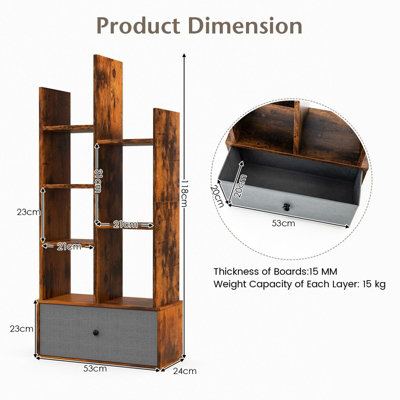 GAINOOM 7-Tier Bookshelf Brown Open Storage Wood Organizer Display ...