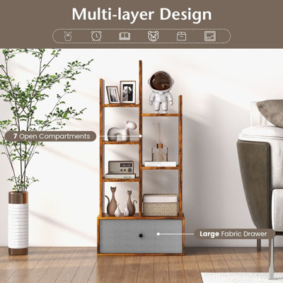 GAINOOM 7-Tier Bookshelf Brown Open Storage Wood Organizer Display ...