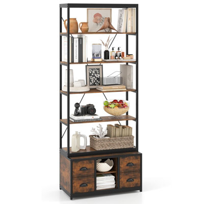 GAINOOM 8-TIER BROWN BOOKSHELF FREESTANDING BOOKCASE WITH STORAGE & DRAWERS