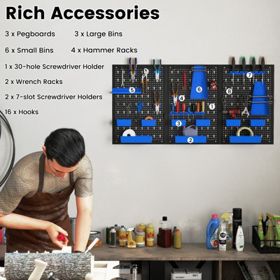 GAINOOM 9-BIN PARTS RACK ORGANIZER BLUE PEGBOARD WALL ORGANIZER W ...