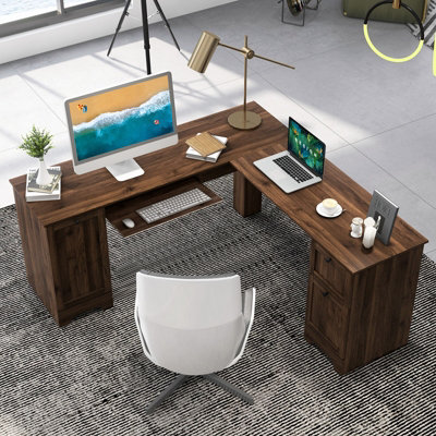 GAINOOM Brown L-Shaped Desk Home Office Workstation Corner Computer ...