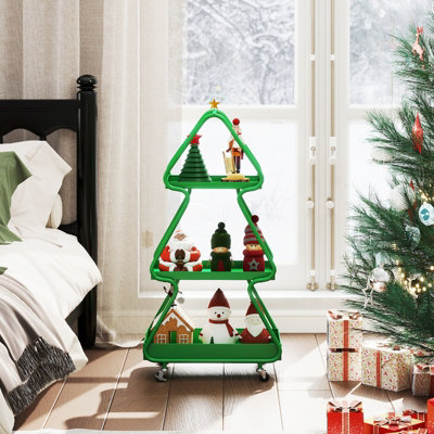 GAINOOM Christmas Tree Storage Cart Green 3-Tier Rolling Xmas Cart w ...
