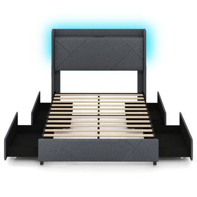 GAINOOM Double Size Bed Frame Upholstered Platform Bed with LED Lights
