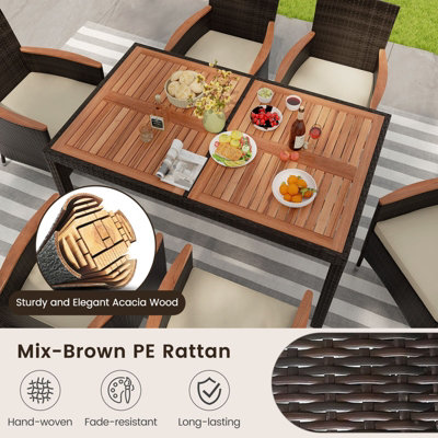 GAINOOM Garden 7 Pieces Beige Patio Wicker Dining Set Outdoor Acacia ...