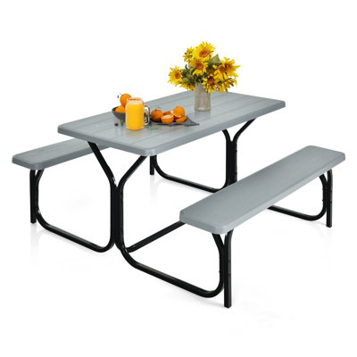 GAINOOM Grey Picnic Table & Bench Set Outdoor Picnic Table Bench Set ...