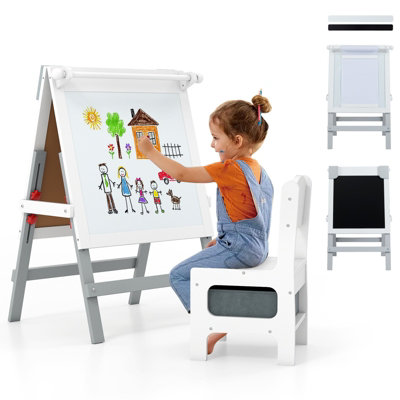 GAINOOM Height-adjustable Grey Kids Dual-sided Art Easel with Chair