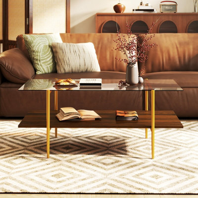 GAINOOM Home 2-Tier Glass Coffee Table Rectangle Center Table w ...