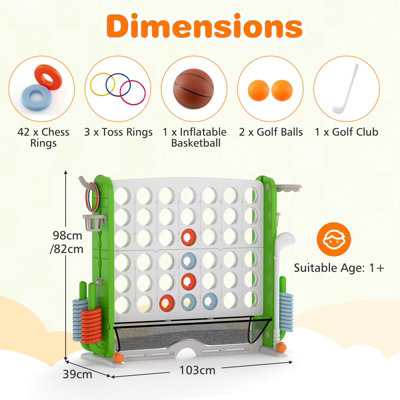 GAINOOM Jumbo 4-in-a Row Game Set Green Height Adjustable 4-to-score ...