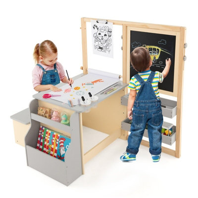 GAINOOM Kids Art Easel & Table & Bench Set Wooden Art Center w/ Double ...