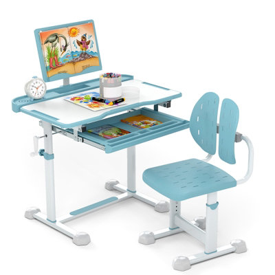 GAINOOM Kids Blue Study Desk & Chair Set Height-Adjustable Children ...